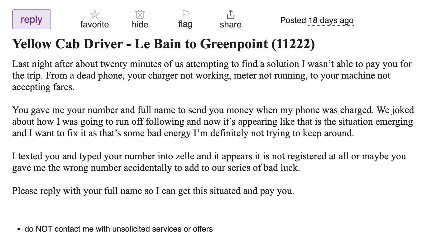 Missed Connection: Hope This Post Finds You Zelle - Greenpointers